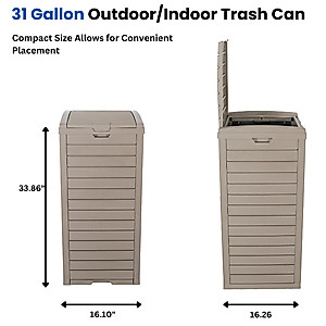 BTEXPERT 31 Gallon Outdoor Garbage Trash Can, Waterproof Resin Double Lid Drip Tray, Outside Trash Bin for Hideaway Patio Waste, Kitchen, Backyard, Deck, Gray