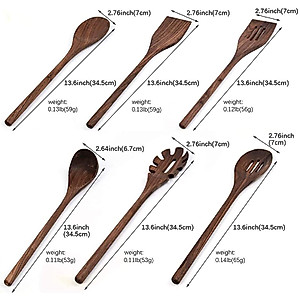 6 PCS Black Walnut Kitchen Utensils Set for Cooking, Natural Wooden Cooking Utensils,Wood Slotted Spoon Spatula Turner Set for Nonstick Cookware Pasta Fork Spaghetti Server Soup Ladle,A