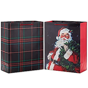 Hallmark 15" Extra Large Christmas Gift Bag Set (2 Bags: Classic Santa, Black, Red and Green Plaid) for Friends, Family, Teachers, Coworkers