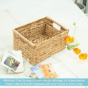 VATIMA Large Wicker Basket Rectangular with Wooden Handles for Shelves, Water Hyacinth Basket Storage, Natural Baskets for Organizing, Wicker Baskets for Storage 14.5 x 10.3 x 7.5 inches