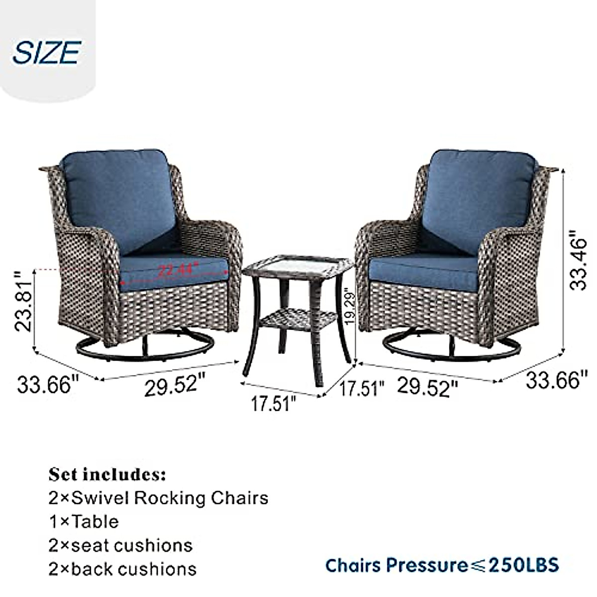 XIZZI Patio Chair Outdoor Swivel Rocking Patio Chairs Set of 2 and Matching Side Table 3 Pieces PE Rattan Wicker Patio Bistro Set 360 Degree Rotation Chairs,Grey Wicker Denim Blue