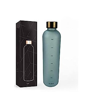 Water Bottle With Time Marker 32 OZ 1 Liter Motivational Reusable Water bottles BPA Free copper bottle (BLUE)