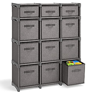 12 Cube Storage Organizer, Gray Storage Cubes Organizer Shelves, Sturdy Cubbies Storage Shelves with Cube Storage Organizer Bins, DIY Cube Shelf Organizer for Bedroom, Playroom, Office, & Dorm, Black