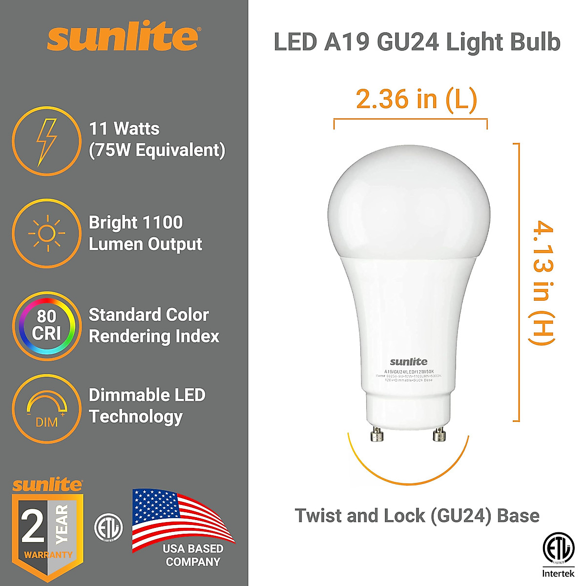 Sunlite A19 GU24 Dimmable Light Bulb, 11 Watts (75W Equivalent) 1100 Lumens, 2 Prong LED Twist and Lock Base, ETL Listed, Rated for Enclosed Fixtures, 5000K Daylight, 6 Pack