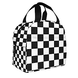 Black White Race Checkered Flag Portable Insulated Lunch Tote Bag Reusable Lunch Box For Men, Women And Kids