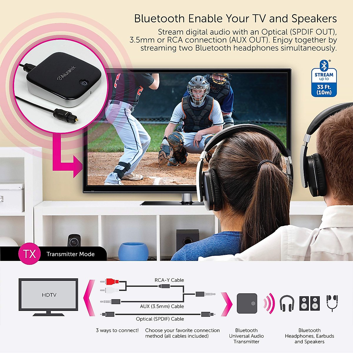 Aluratek ADB1B Bluetooth Audio Receiver and Transmitter, 2-in-1 Wireless 3.5mm, AUX, Optical Audio Adapter, Pairing with 2 Bluetooth Headphones Simultaneously in Transmitter Mode, Small