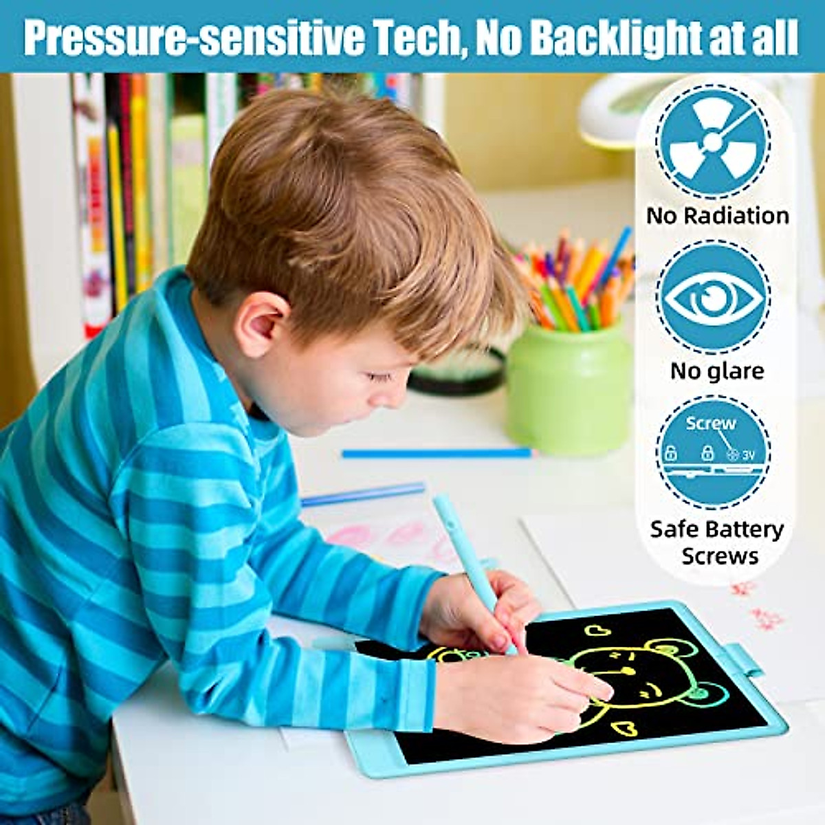 FuniBudi Kids Tablet 10in LCD Writing Tablet Toys for 3 4 5 6 7 8-10 Year Old Girls Boys Airplane Travel Essentials Kids Board Games Chrismas Birthday Drawing and writting Tablet Sensory Toys(Blue)