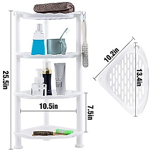 4-Tier Standing Corner Shower Caddy - 4 Shelf Plastic Bathroom Corner Stand with Drainage Holes & Hooks Plastic Shower Organizer Corner Standing Stand Up Bathtub Shower Shelf for Bathroom Living Room