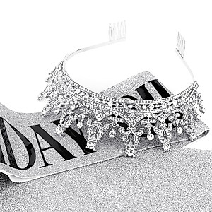 COCIDE Birthday Tiara and Crown for Women Birthday Sash for Girls Birthday Decorations Set Rhinestone Headband Crystal Hair Accessories for Birth Day Party Hair Band Cake Toppers