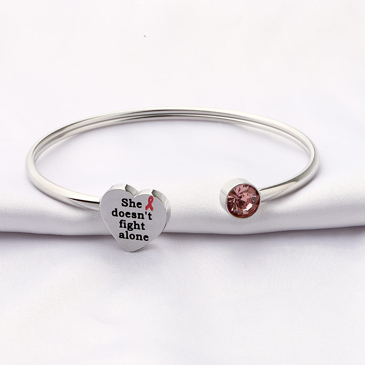 BNQL Breast Cancer Awareness Bracelet Cancer Awareness Jewelry Pink Ribbon Bracelet She Doesn’t Fight Alone (SILVER)
