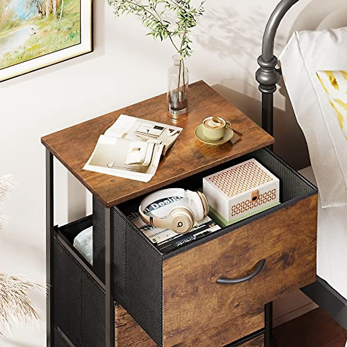 WLIVE Dresser with 3 Drawers, Fabric Nightstand, Organizer Unit, Storage Dresser for Bedroom, Hallway, Entryway, Closets, Sturdy Steel Frame, Wood Top, Easy Pull Handle, Rustic Brown Wood Grain Print