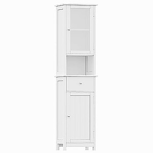 Rovaurx Tall Bathroom Floor Cabinet with Glass Doors, Narrow FreeStanding Storage Cabinet with Adjustable Shelf, Wooden Bathroom Storage Cabinet, Pantry with Drawer, White BMGZ105W