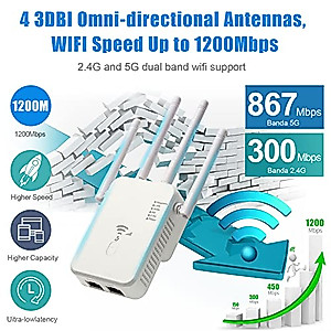 WiFi Extender, 1200Mbps WiFi Extenders Signal Booster for Home, WiFi Repeater Dual Band 2.4&5GHz, WiFi Booster and Signal Amplifier, with 4 * 3dBi Antennas/WAN/LAN Ethernet Port, Internet Booster