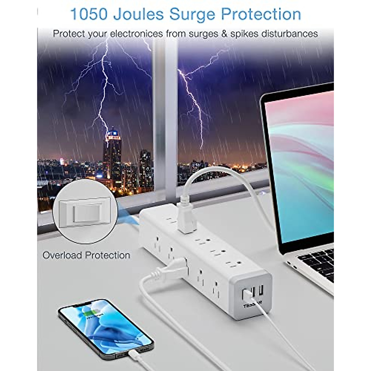 Surge Protector Power Strip 15 Outlets, TESSAN 1875W 15A Extension Cord with Multiple Outlets 6 ft, 3 USB Charging Ports, 1050J, Mountable, Flat Plug, Home Office College Dorm Room Essentials