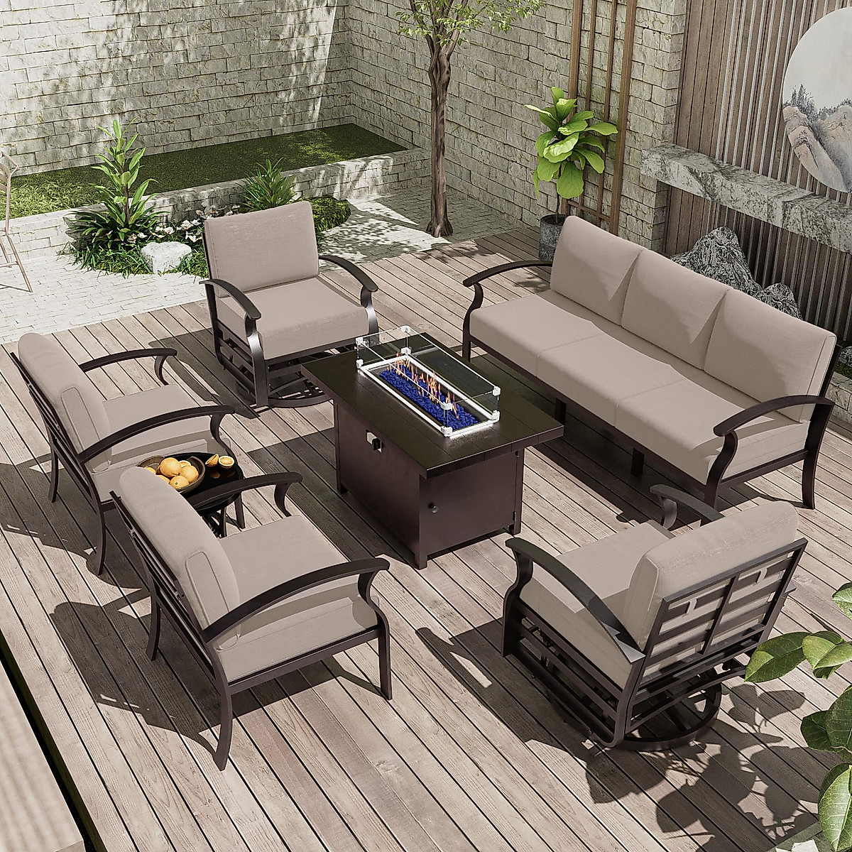 ASJMR Patio Furniture Set 7-piece aluminum armrest sofa, modern outdoor living room set with 55000 BTU propane aluminum fireplace, outdoor rotary joystick with thick cushion - （Brown）