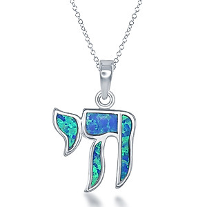 Beaux Bijoux Sterling Silver Created Blue Opal Hebrew Chai (Life) Pendant with 18" Chain