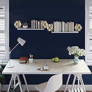 Special Lucy Designed Beehive Wall Shelves for Wall Decor - Designer's Gold Honeycomb Wall Art Meets Premium White Floating Shelves - Set of 2, 8 Inches Deep, 24 Inches Wide