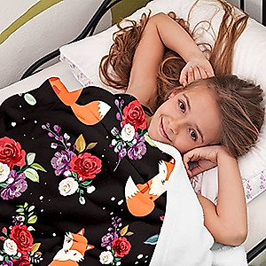 udten Fox Gifts for Women, Fox Blanket with Flower Decor, Fox Gifts for Fox Lovers Fox Blankets for Girls, Fox Throw Blanket for Kids Women Birthday Mother's Day Children's Day Gifts,60"x50", Black