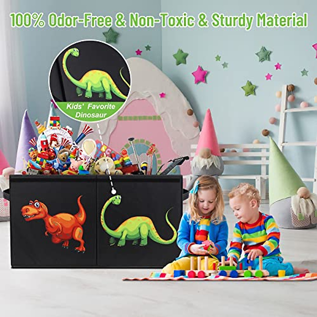 HomeMarvel (2PCS) Toy Box, Toy Box for Boys, Toy Chest for Boys, Lightweight Collapsible Sturdy Kids Toy Boxes Basket Bins Organizer with Flip-Top Lid & Handles, 26.8" x 13.8" x 16", Dinosaur