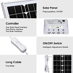 Home Solar Lighting System Mini Kit with Mobile Phone Charging Capability USB Charger for Home- for Camping- for RV 5W 5V (Includes 2 Low Watt Light Bulbs)