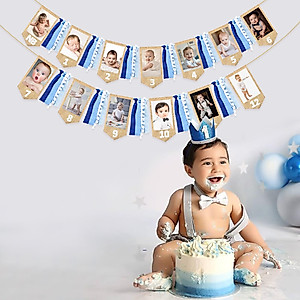 pinkblume 1st Birthday Burlap Photo Banner Garland Handmade Felt from Newborn to 12 Months with Gradient Blue Ribbon for Monthly Milestones Baby Boy First Birthday Party Decorations Supplies