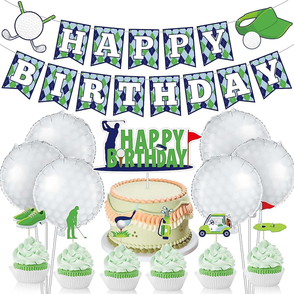 Containlol 32 Pieces Golf Birthday Party Supplies Decor Kits Golf Theme Happy Birthday Banner Golf Themed Cake Toppers Happy Birthday Cake Inserts Golf Aluminum Foil Balloons for Golf Themed Party