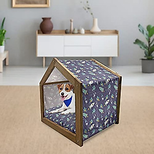 Ambesonne Party Wooden Pet House, Starry Space with Balloons Tied to Rockets Boys Birthday Celebration, Indoor & Outdoor Portable Dog Kennel with Pillow and Cover, Large, Violet Blue Yellow