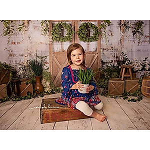 Kate White Painted Brick Wall Wood Door Photography Backdrops 7x5ft Spring Green Grass and Flowers Photo Backgrounds Baby Shower Backdrop Photoshoot Props