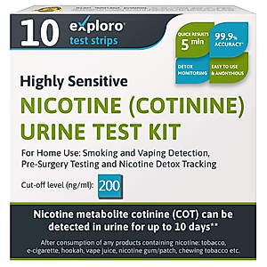 Exploro Highly Sensitive Nicotine Test - Detects Nicotine Metabolite Cotinine in Urine for up to 10 Days - Accurate Results in 5 Minutes - 10 Strips with Cut-Off Level of 200 ng/ml