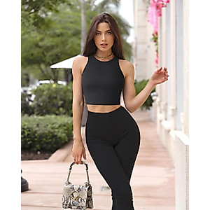 OQQ Women's 3 Piece Tank Shirt Ribbed Seamless Yoga Workout Exercise Racerback Crop, Black Rose White, Medium