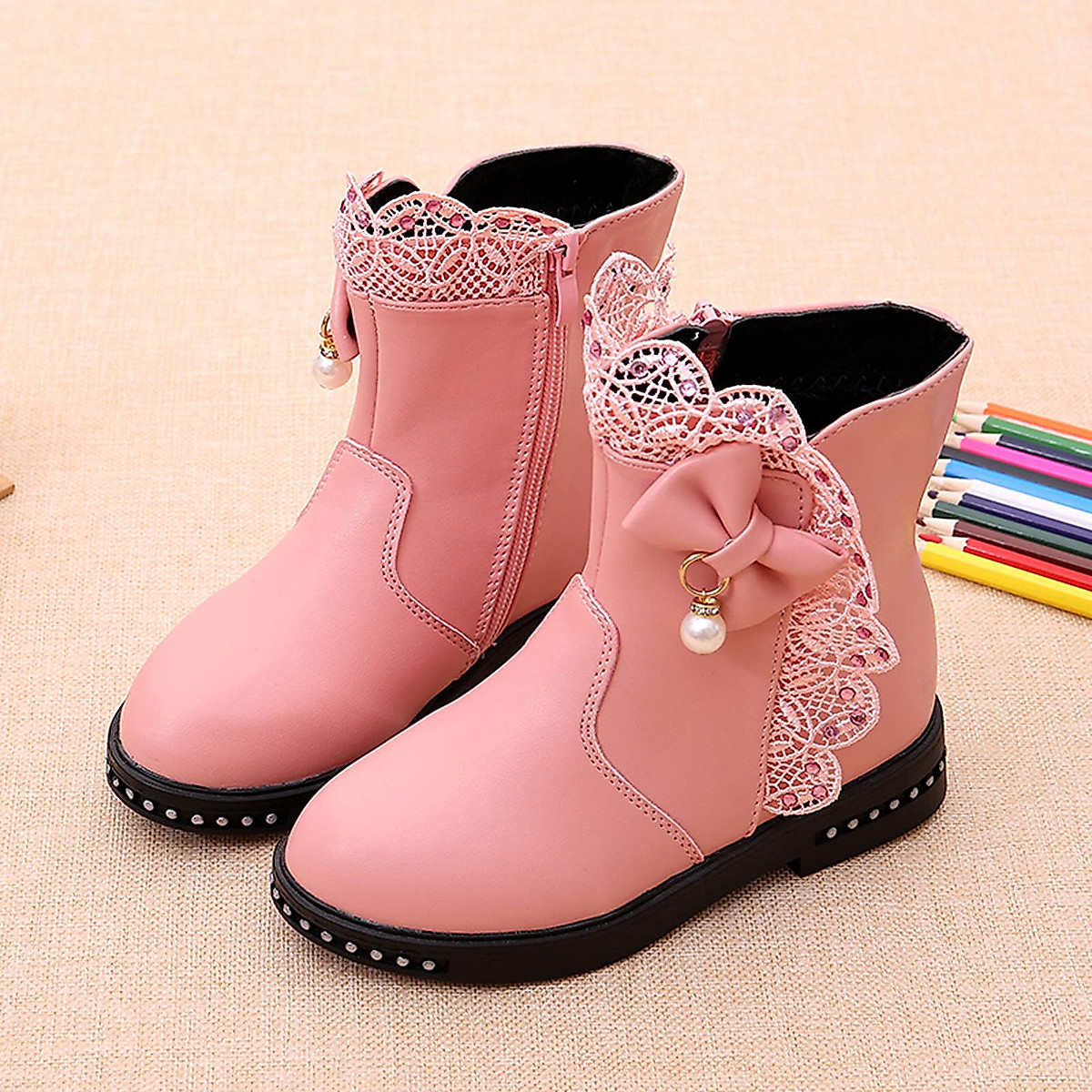PU Leather Butterfly Knot Princess Shoes for Little Kid/Big Kids Girls 4-12 Years Non-Slip Fur Lining Boots Snow Boots (Pink, 10.5-11Years)