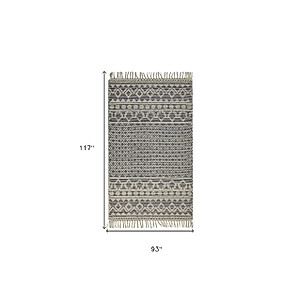 8' X 10' Gray and Ivory Wool Geometric Hand Woven Area Rug with Fringe