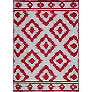 PLAYA RUG Reversible Indoor/Outdoor 100% Recycled Plastic Floor Mat/Rug - Weather, Water, Stain, Fade and UV Resistant - Milan- Red & White (8'x10')