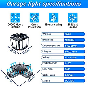 LED Garage Lights, 180W 18000 LM Deformable LED Garage Ceiling Lights with 12 Adjustable Panels, E26 E27 LED Shop Lights for Garage, Basement, Barn, Workshop, 6500K LED Bay Light
