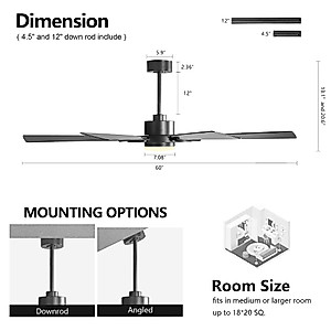 ELEHINSER 60" Ceiling Fan with Lights and Remote Control, Wood 8 Blades 6-Speed Noiseless Reversible DC Motor, Modern Windmill Ceiling fan for Kitchen Bedroom Dining Living Room, Black