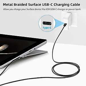 Sisyphy Metal Braided Surface Connect to USB-C Charging Cable (Bright Black 5ft), Compatible for Microsoft Surface Pro7 Go2 Pro6 5/4/3 Laptop3/2/1, Works with 45W 15V3A USBC Charger Power Supply