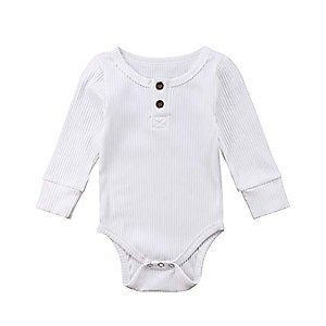Seyurigaoka Newborn Unisex Baby Solid Bodysuit Basic Plain Rib Stitch Long Sleeve Romper Clothes for Infant Boy Girl (White, 6-12 Months)
