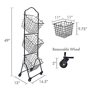 Gourmet Basics by Mikasa Rio 3-Tier Metal Floor Standing Fruit Storage Basket with Removable Wheels, 47.75-Inch, Black