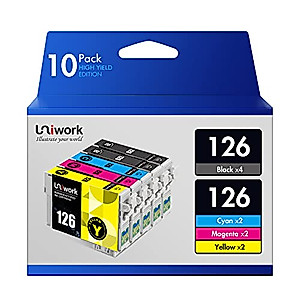 Uniwork Remanufactured Ink Cartridge Replacement for Epson 126 T126 use for Workforce 545 845 645 635 520 435 WF-3540 WF-3520 WF-3530 WF-7010 WF-7510 WF-7520 Stylus NX430 Printer Tray, 10 Pack