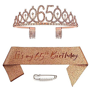 Ceqiny 65th Birthday Sash Tiara and Crowns for Girls, Birthday Queen Rose Gold Tiara, Princess Tiara Rhinestone Headbands with Combs Bridal Wedding Tiaras for Wedding Prom Bridal Party Christmas
