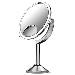 simplehuman ST3024 20cm Sensor Mirror Trio with Touch-Control Brightness, Light Up Makeup Magnifying Mirror, 10x, 5x, 1x Magnification, LED, Dual Light Setting, Rechargeable, Brushed Stainless Steel