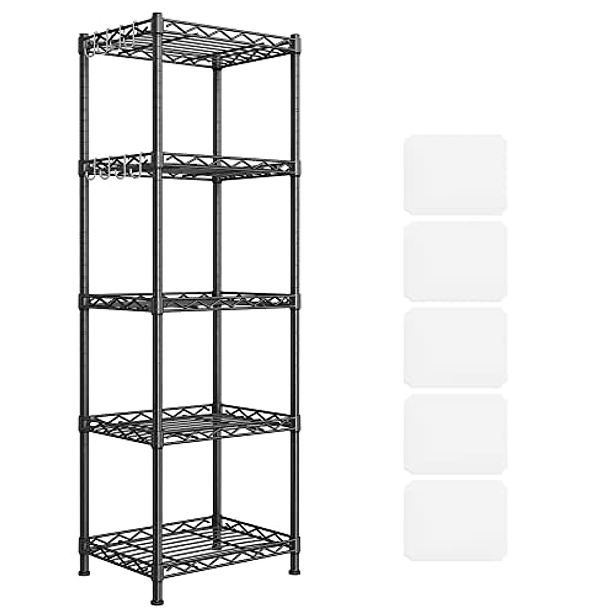 SONGMICS Kitchen Metal Shelves, 5-Tier Wire Shelving Unit with 8 Hooks, Narrow Storage Rack with PP Shelf Liners, Height-Adjustable, for Bathroom, Pantry, Black ULGR115B01