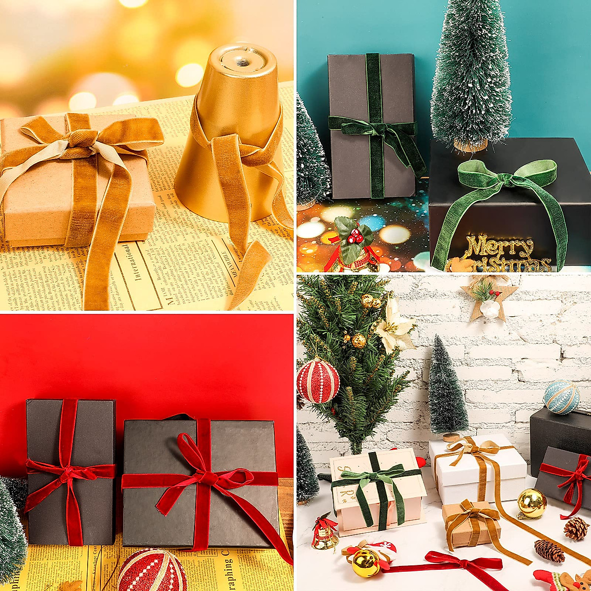 Patelai 3 Rolls 75 Yards Christmas Velvet Ribbon Vintage Velvet Ribbon Spool Green Red and Khaki Velvet Ribbon Roll for Christmas Wedding Wrapping DIY Crafts Decoration Favors (3/5 Inch)