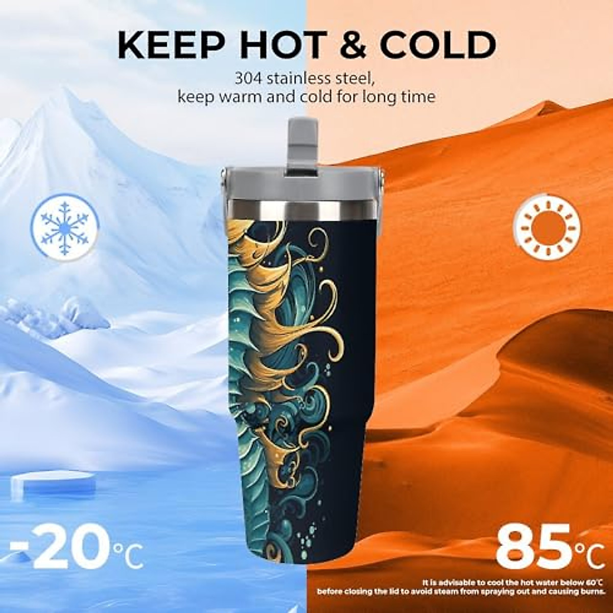 YTLKGFP 30 Oz Large Capacity Car Cup Seahorse Blue Pattern Tumbler with Handle Straw Lid Insulated Stainless Steel Water Bottle Travel Mug Leak-proof Car Cup Keeps Cold Or Hot