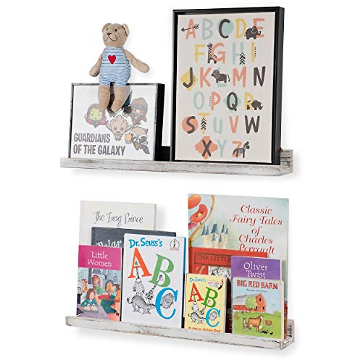 Rustic State Ted Wall Mount Picture Ledge Photo Frame Display - 24 Inch Floating Wood Shelves for Living Room Office Kitchen Bedroom Bathroom Décor Storage - Distressed White - Set of 2