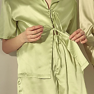 CHYRII Women's Silk Satin Pajamas Sets Tie Front Short Sleeve Tops and Shorts Two Piece Pj Sets Sleepwear Mint Green S