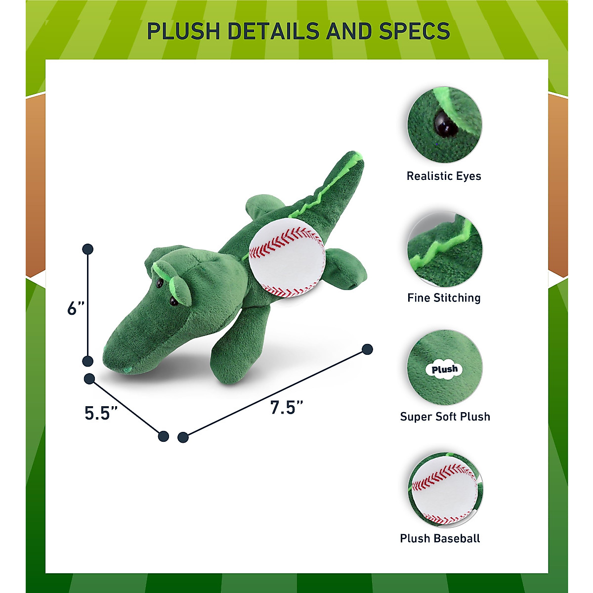 DolliBu Alligator Stuffed Animal with Baseball Plush - Soft Huggable Alligator, Adorable Playtime Plush Toy, Super Soft Plush Doll Animal Toy for Kids and Adults - 6 Inch