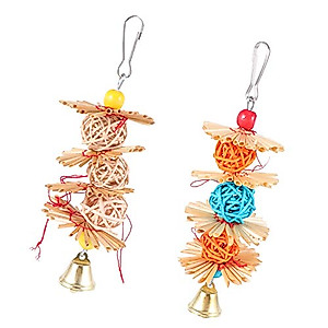 Scicalife 2pcs Parrot Biting Toy Hanging Rattan Ball Bell Parrot Cage Pendant Birds Playing ToyPet Gift