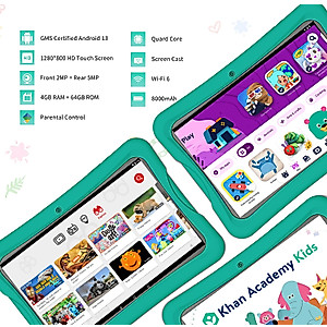 NOBKLEN Kids Tablet 10 Inch, Android 13, 4GB+64GB, 8-Core CPU, WiFi 6, 12H Battery Life, Parental Control, 1280 * 800 HD Display, Dual Cameras, Shockproof Case, Pre-Installed Educational Apps