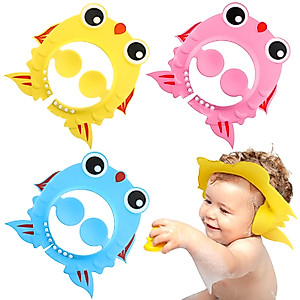 3 Pieces Cartoon Baby Shower Cap Adjustable Cute Goldfish Bathing Hat Infants Soft Protection Hat Safety Visor Cap Waterproof Shampoo Cap for Children Toddler Girls Boys Preserve Ears Eyes